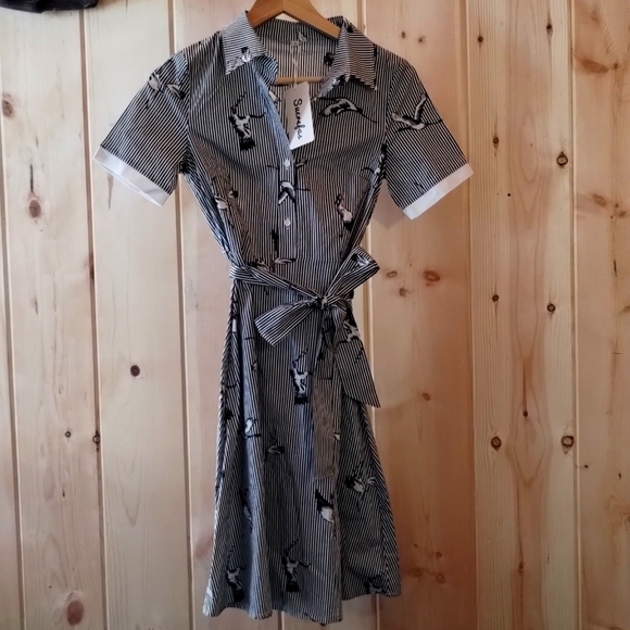 Sucrefas | Dresses | New With Tags Black Stripe Birds Buttonup Dress ...
